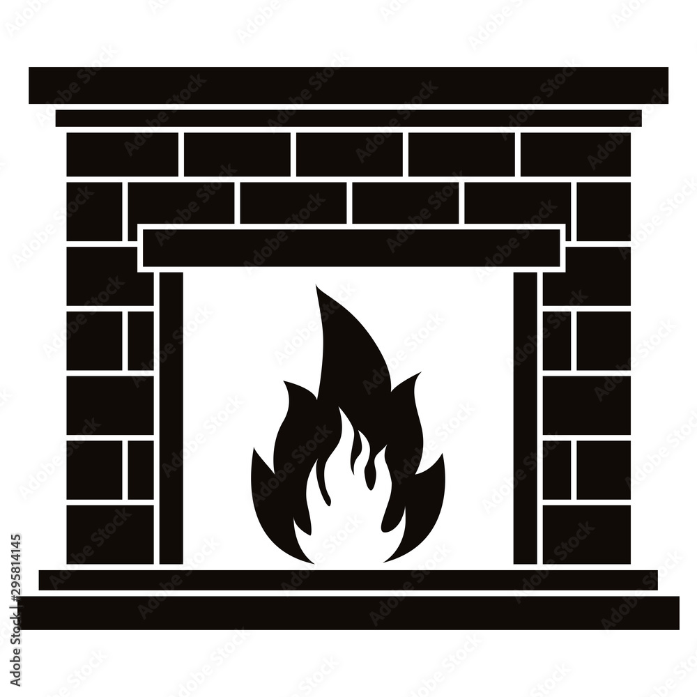 Vector black icon of retro brick fireplace with fire flame illustration ...