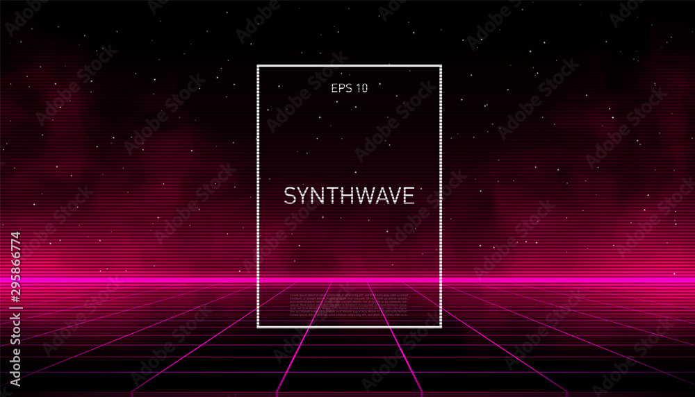 Synthwave pink cyber laser grid with glowing fog and horizon on starry ...