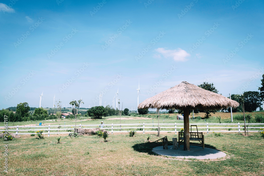Windmill park, huge windmill generator turbines during sunset in the ...