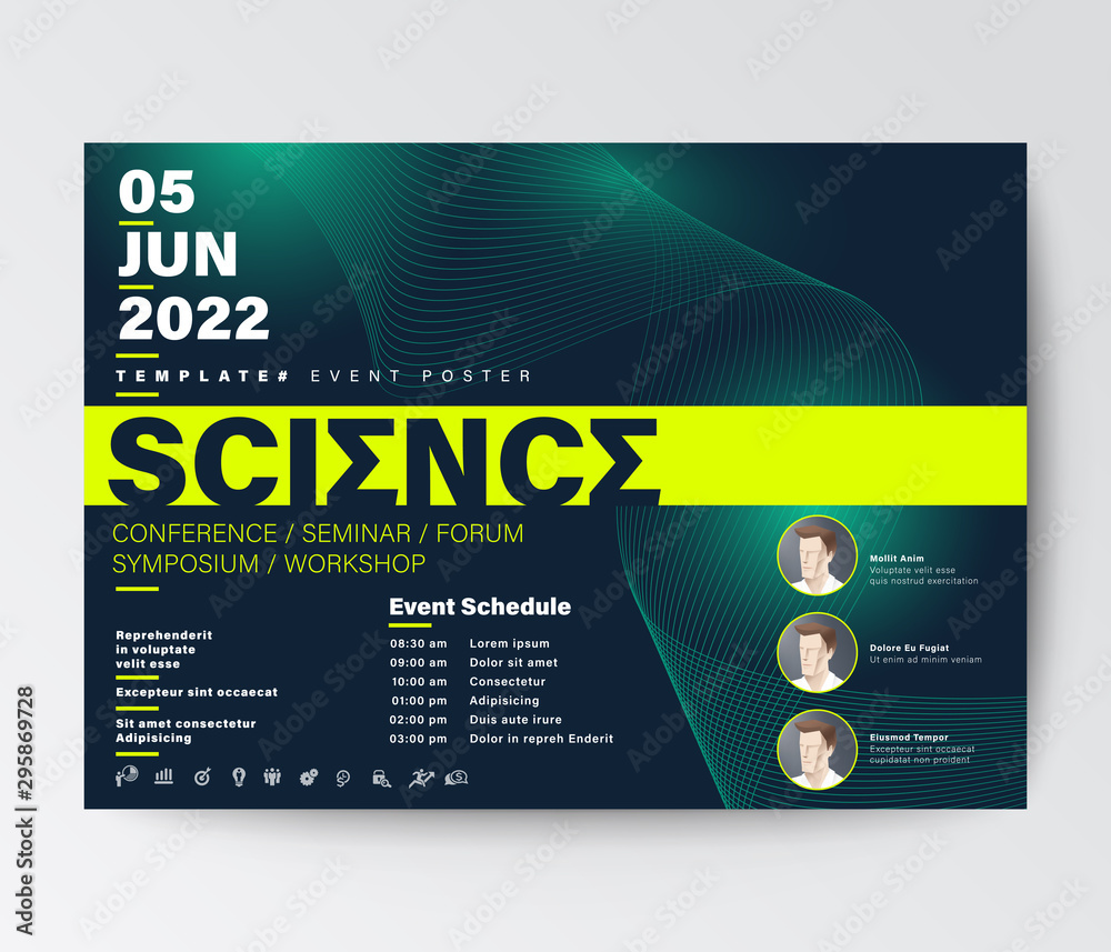 Science conference business design template. Futuristic green wave ...