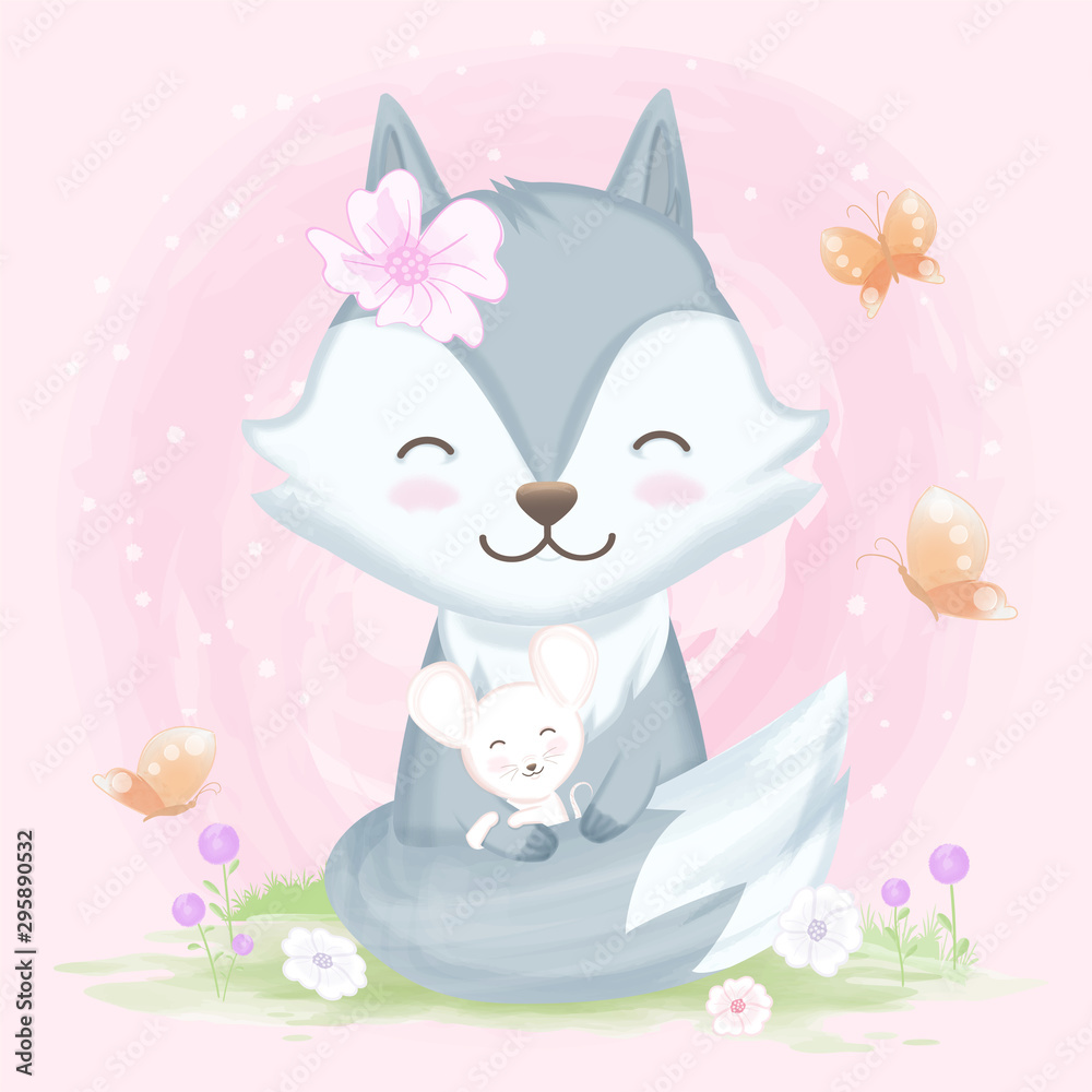 Cute wolf hugging with mouse hand drawn animal illustration watercolor ...