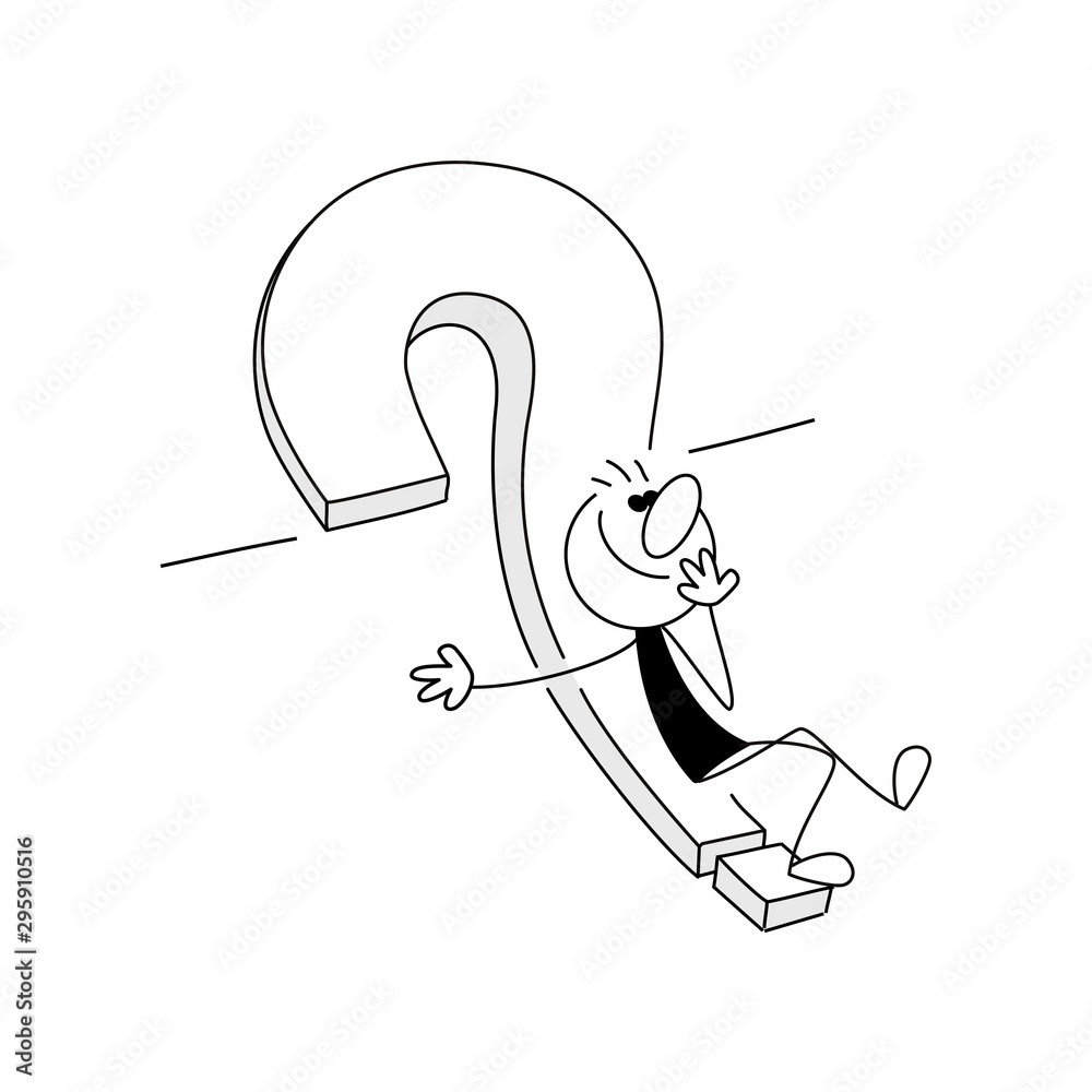 Doodle stick figure: Man or businessman lies on a question mark. Hand ...