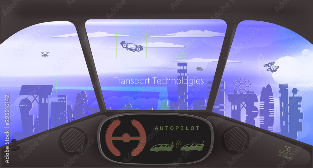 View from cockpit of flying car. Advanced driver assistance systems ...