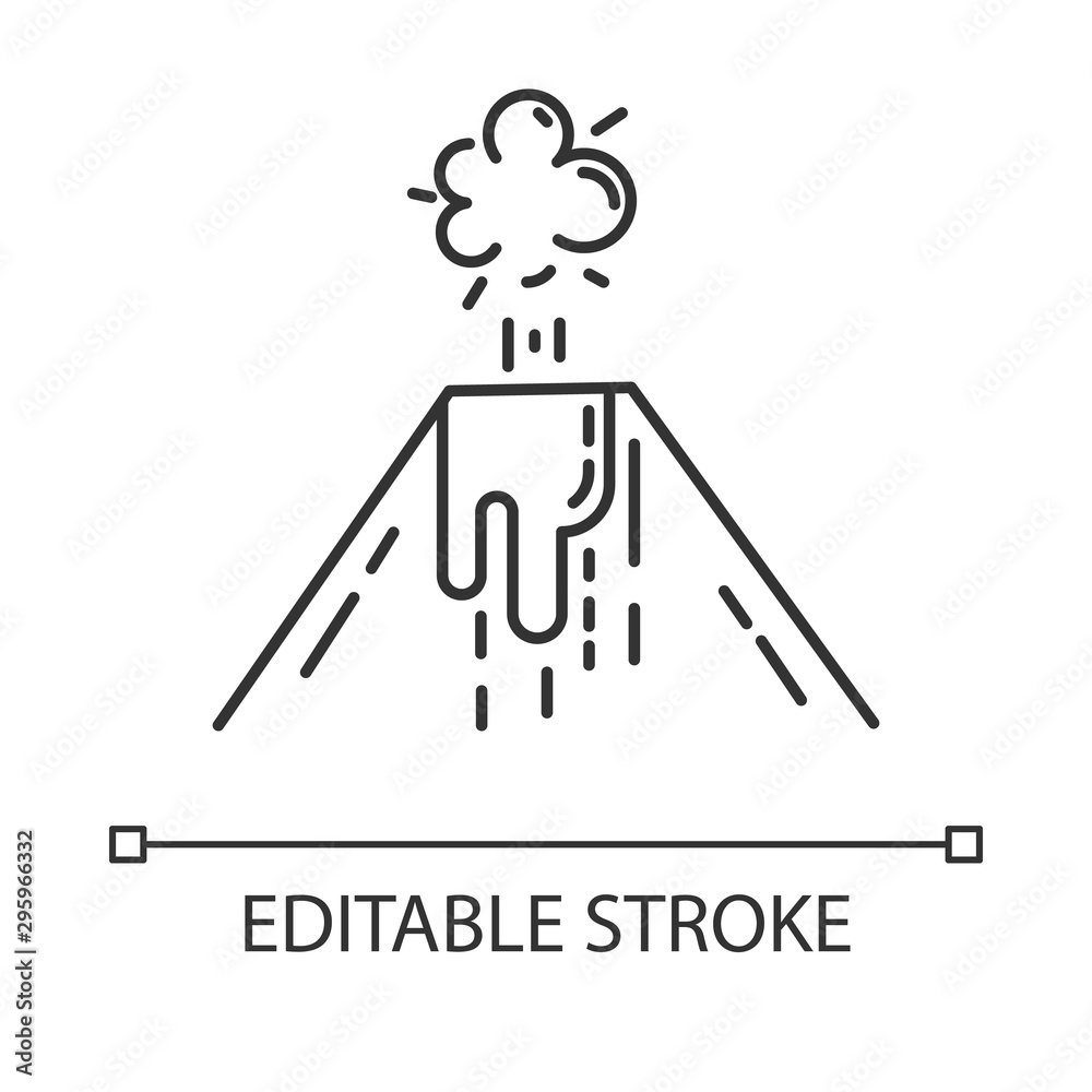 Volcanic eruption linear icon. Smoke, ash and lava emission from ...