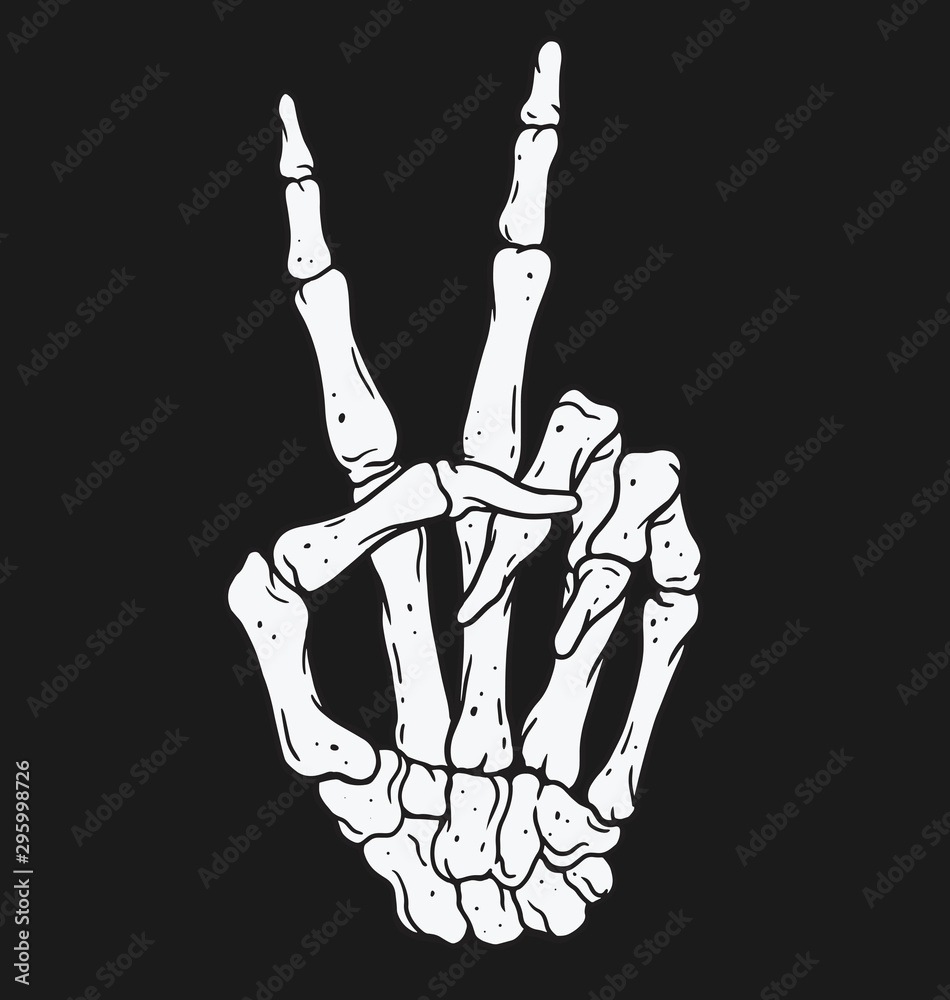 Skeleton hand making peace sign gesture. Vintage illustration style ...