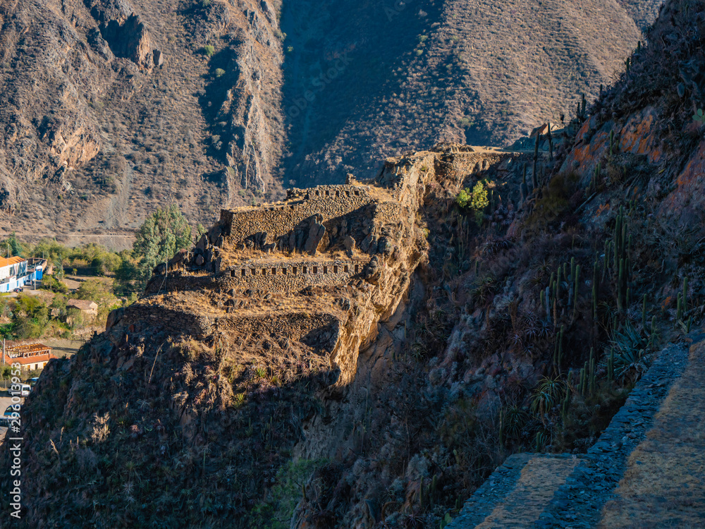 Inca Fortress with Terraces and Temple Hill in Ollantaytambo, Peru. The ...