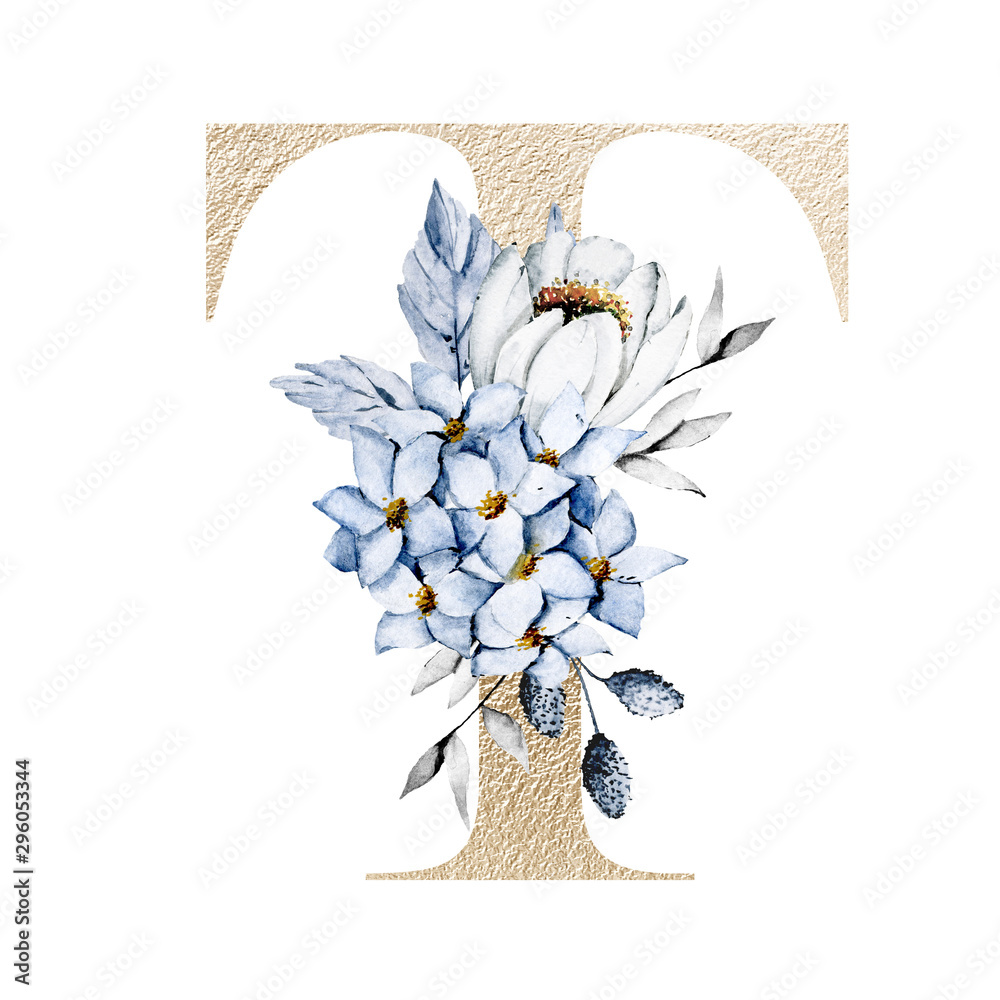 Letter t with watercolor flowers and leaves. Gold floral alphabet ...