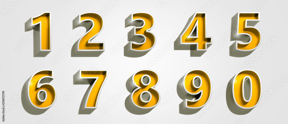 Metallic silver 3D numbers yellow inside on white isolated background ...