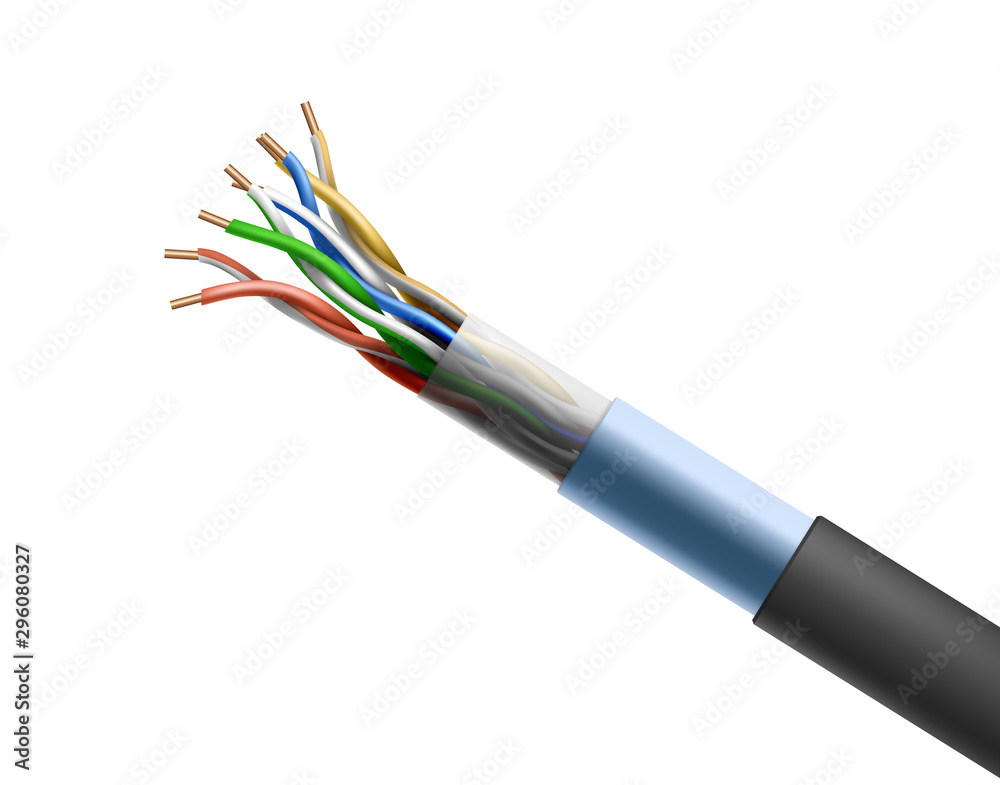 Twisted cable isolated on white background, shielded pair cabling ...