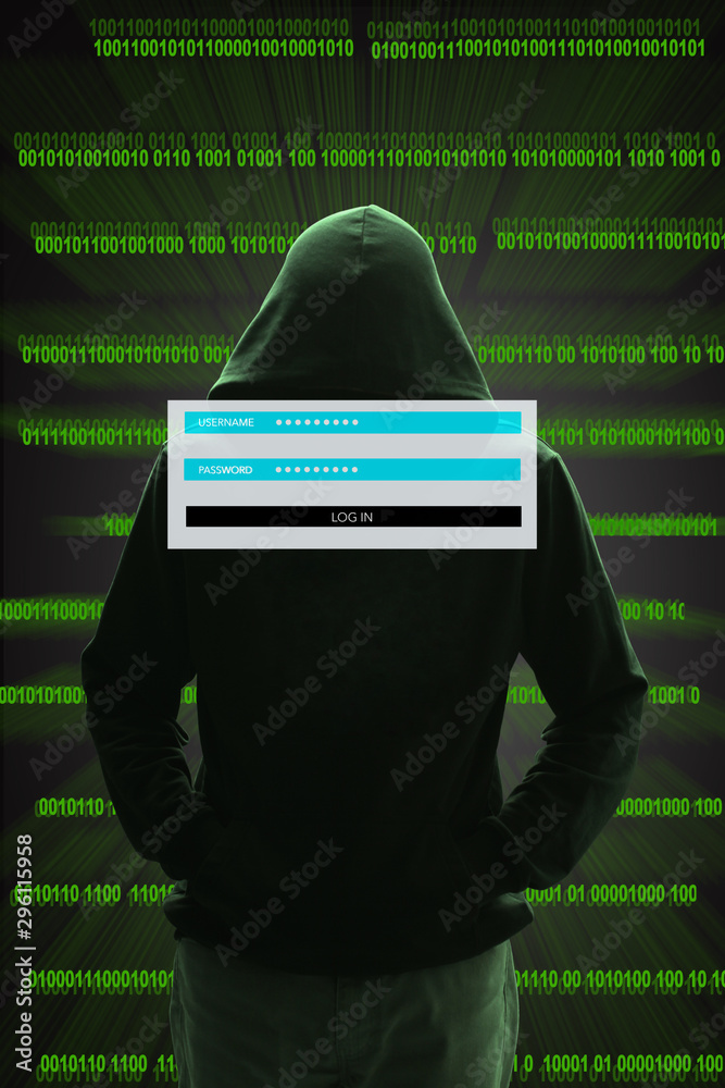 hacker standing with password and username open and panel and binary ...