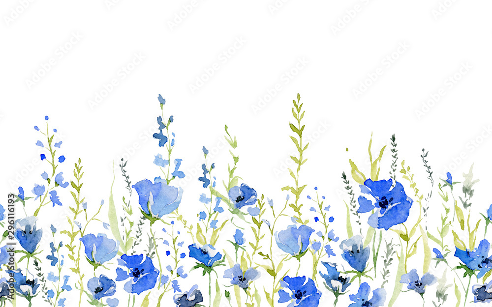 Seamless border with rustic gentle blue flowers. Botanical background ...