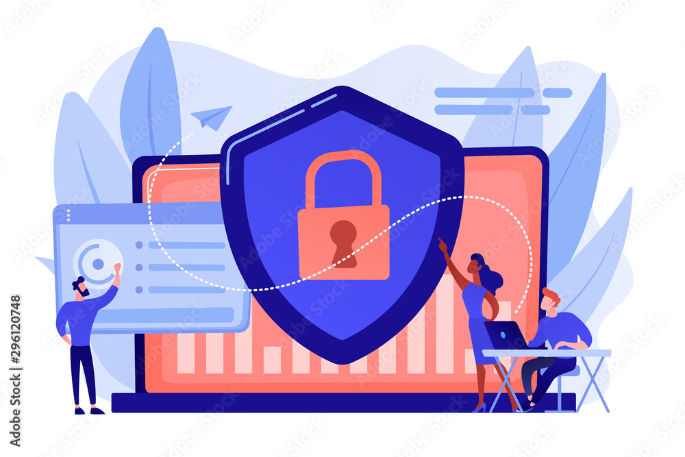 Stock-Vektorgrafik „Security analysts protect internet-connected systems with shield. Cyber ...