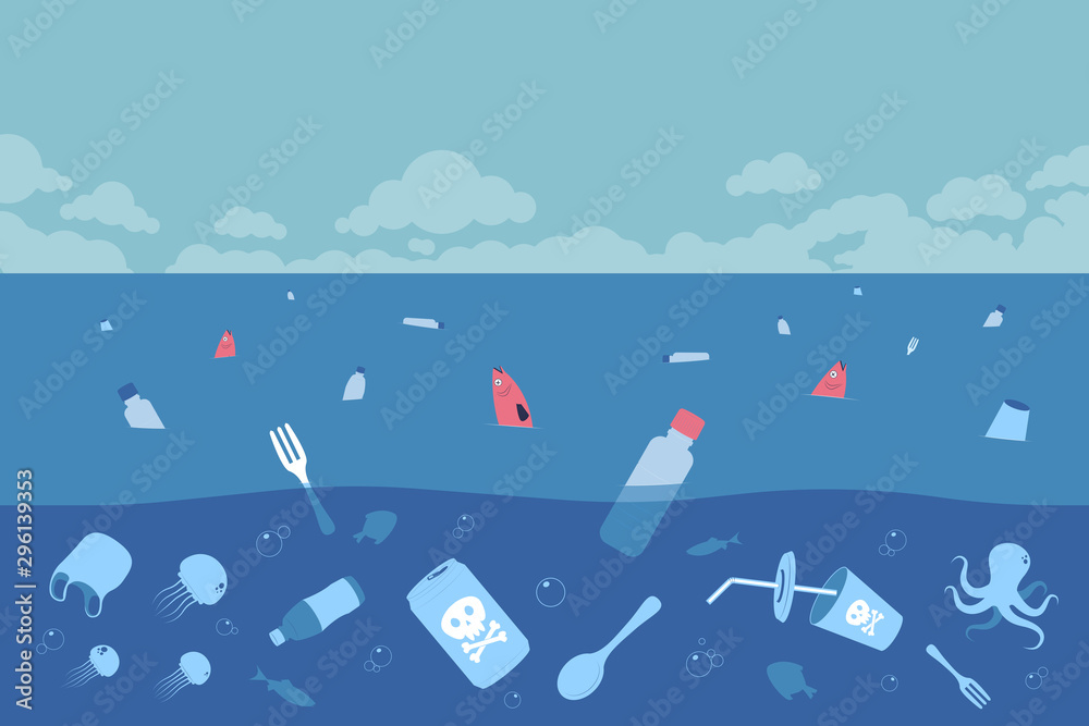 Water pollution. Plastic waste in ocean. Dead fish swimming in water ...