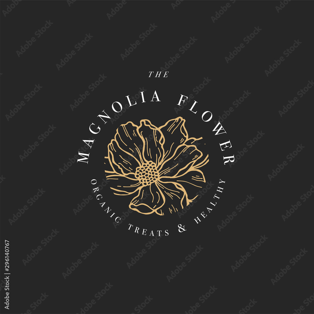 Hand draw vector magnolia flowers logo illustration. Floral wreath ...