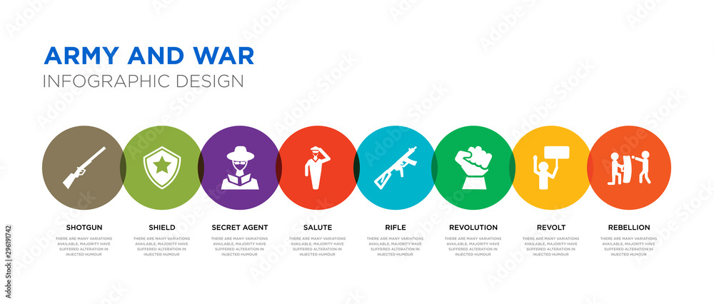 8 colorful army and war vector icons set such as rebellion, revolt ...