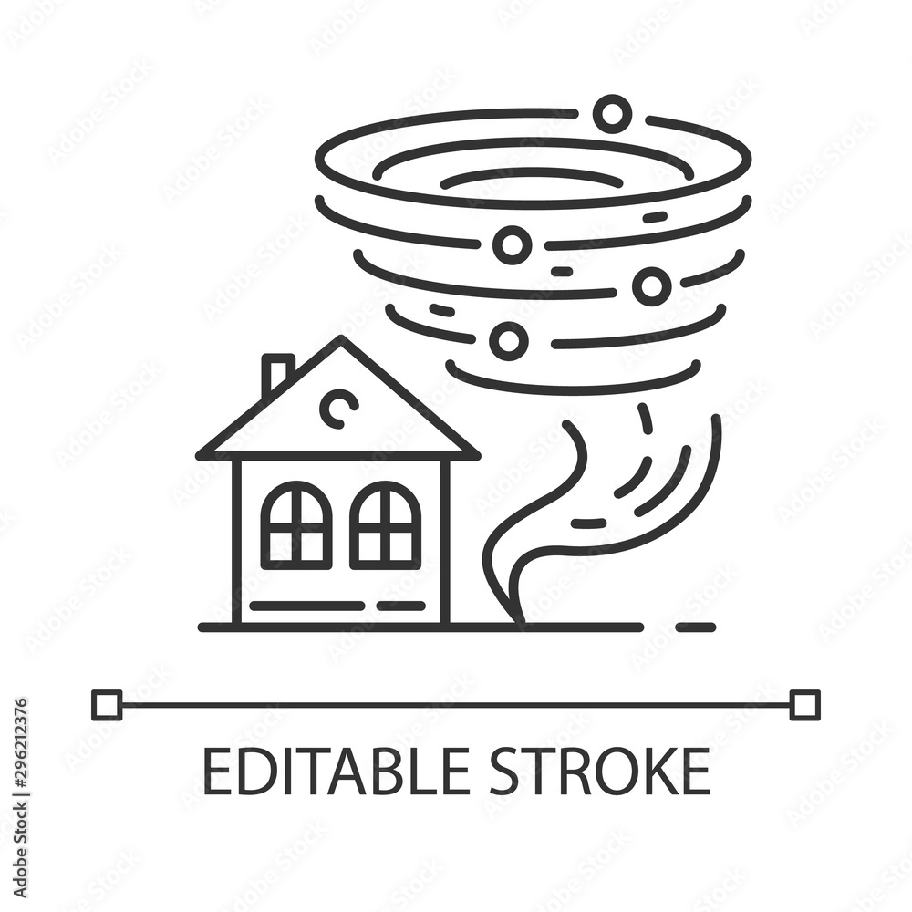 Tornado linear icon. Twister spiral funnel approaching house. Cyclone ...