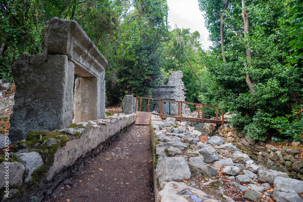 Olympos antique city. Path and streams through dense forest and the ...