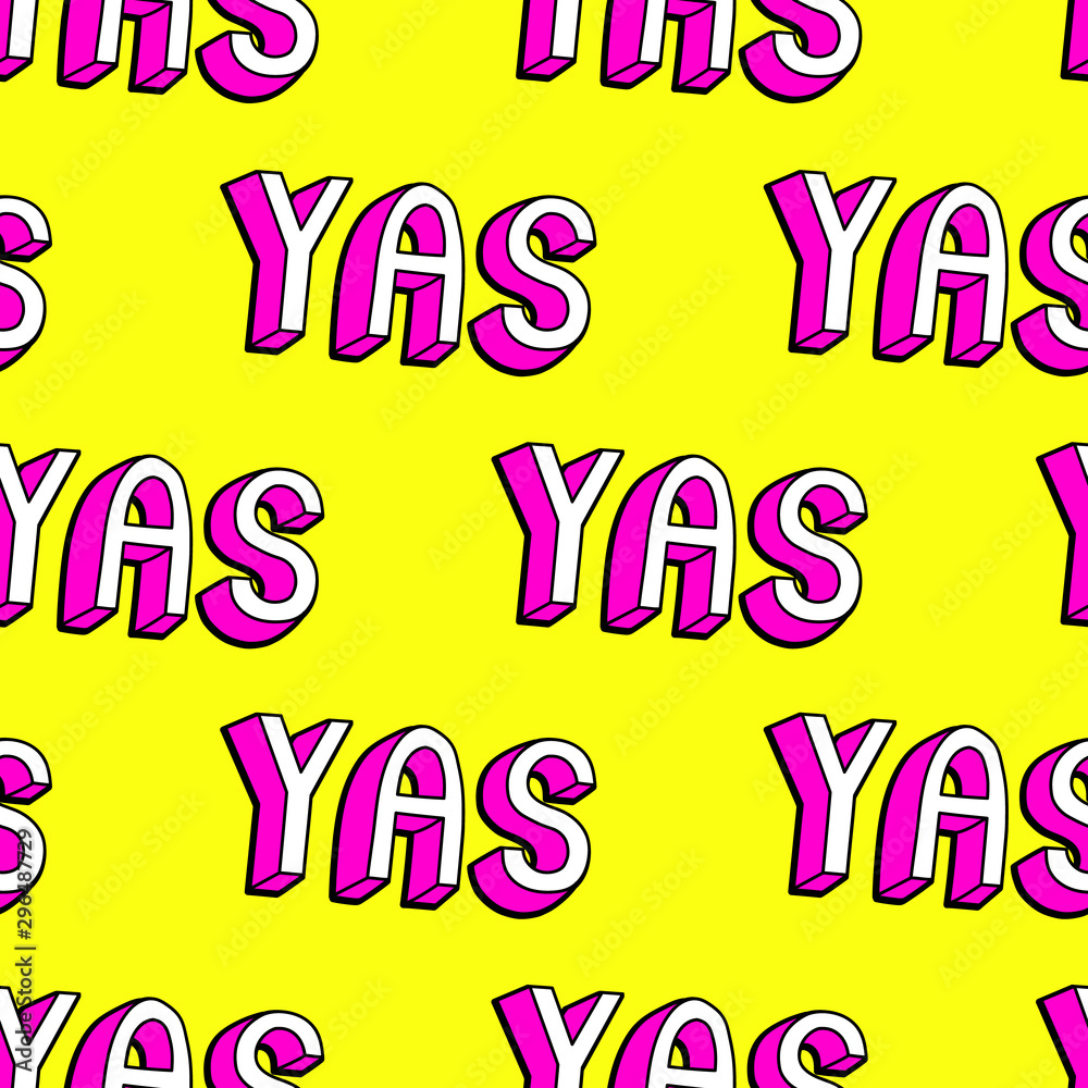 Seamless pattern with patch badges with words “YAS” isolated on yellow ...