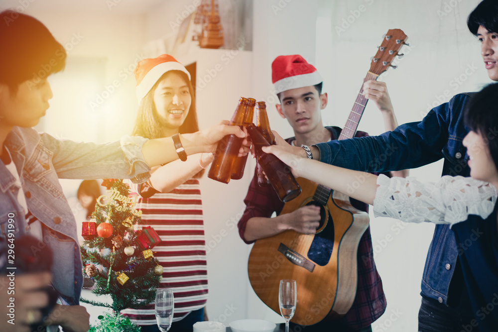 Asian group of friends having party with alcoholic beer drinks and ...