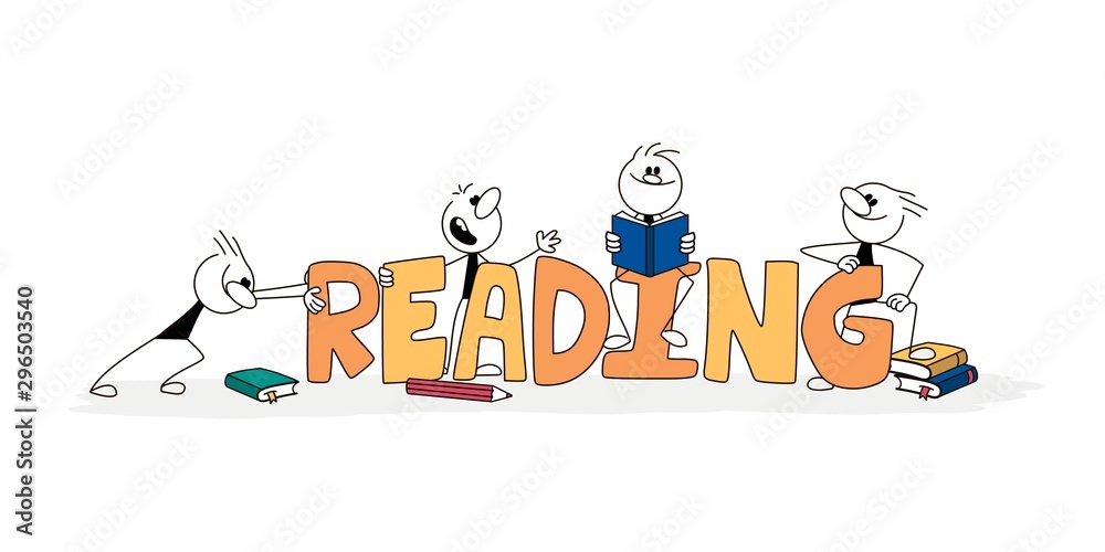 Doodle stick figure: Funny little people with big word Reading. Hand ...