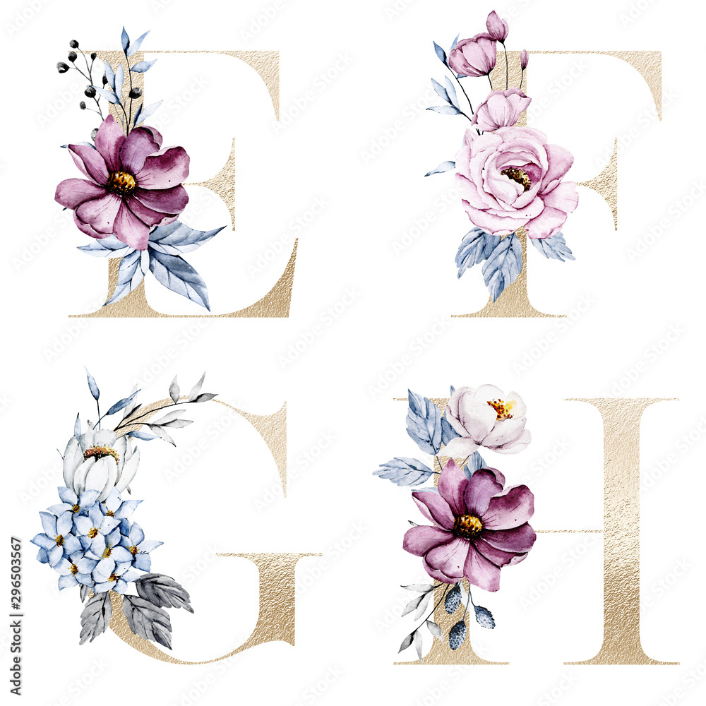 Floral alphabet, gold letters with watercolor pink and blue flowers and ...