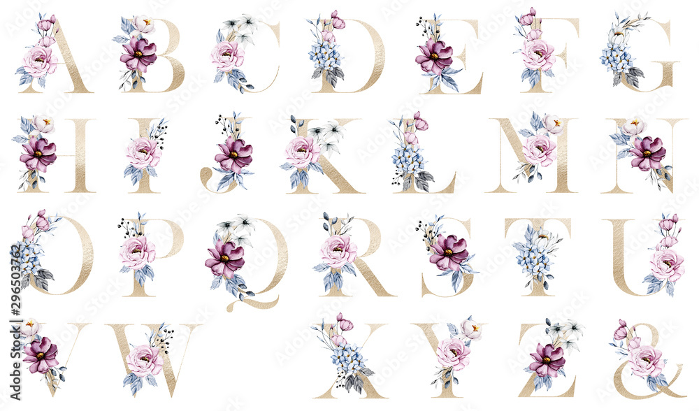 Floral alphabet, gold letters with watercolor pink and blue flowers and ...