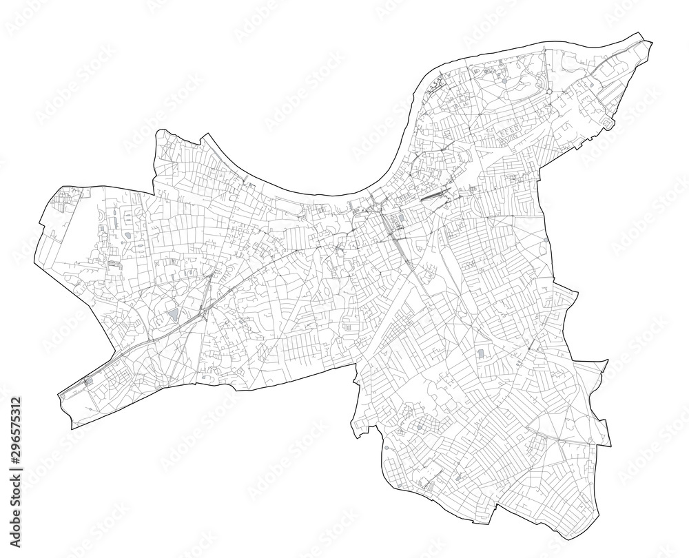 Satellite view of the London boroughs, map and streets of Wandsworth ...