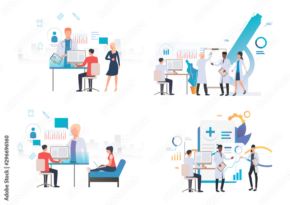 Medical laboratory illustration set. Doctors doing research in lab ...
