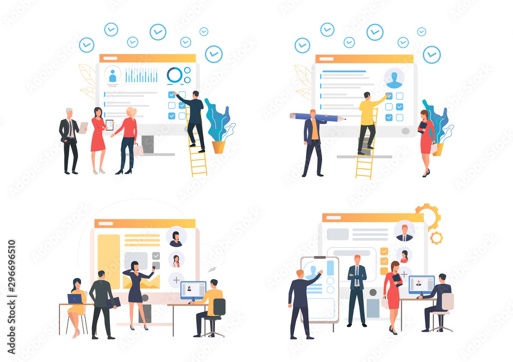 Recruitment agency illustration set. Agents analyzing, charts, graphs ...