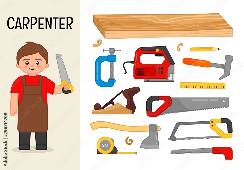 Vector character carpenter. Illustrations of carpenter equipment. Set ...