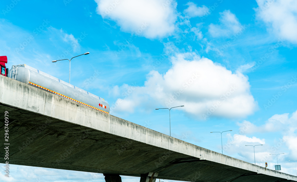 Bottom view of elevated concrete highway. Overpass concrete road. Road ...