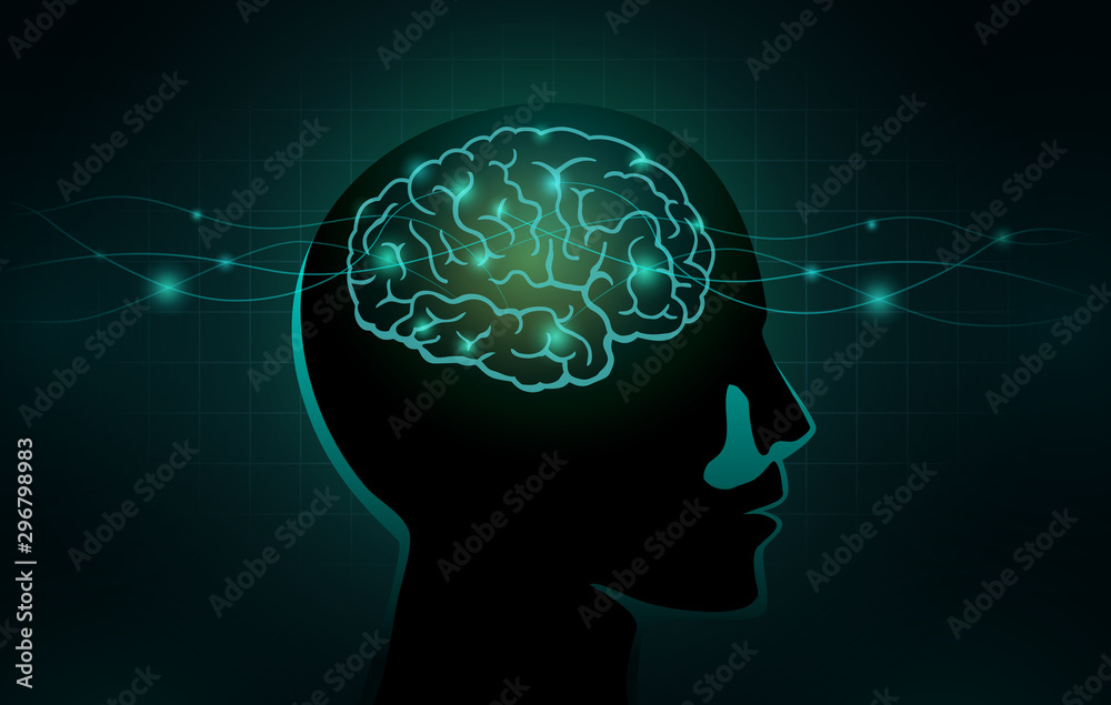 Small cells and wave line move into the Human brain. Concept ...