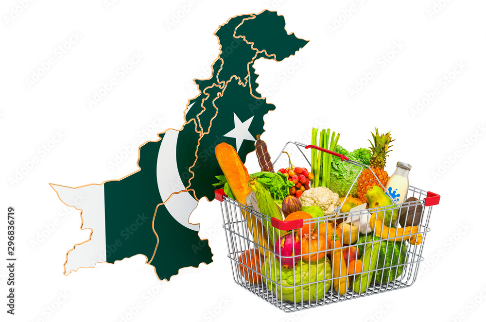 Purchasing power and market basket in Pakistan concept. Shopping basket ...