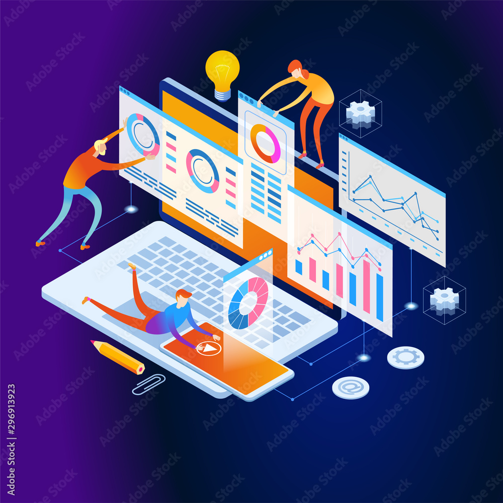 А team of people build a chart and graphs. Concept of the idea of ...