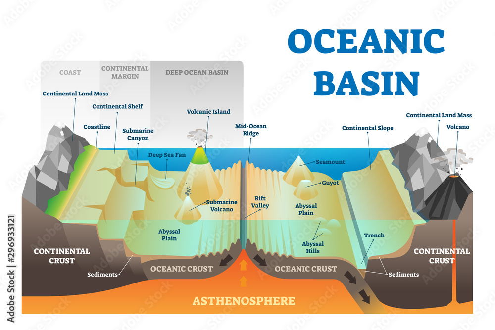 Ocean basin structure vector illustration. Labeled underwater level ...