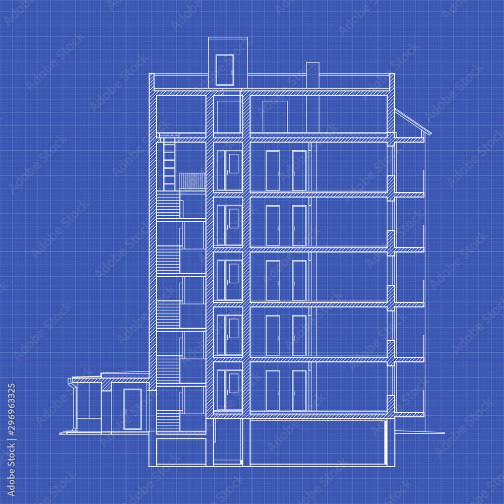Detailed multi-storey building. Cross-section house. Vector blueprint ...