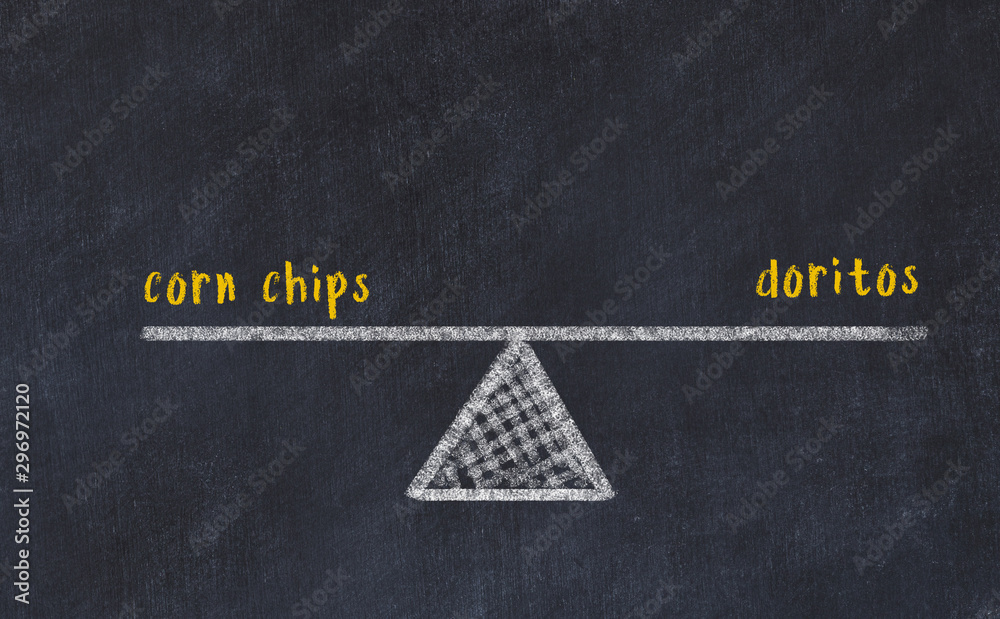 Chalk board sketch of scales. Concept of balance between corn chips and ...