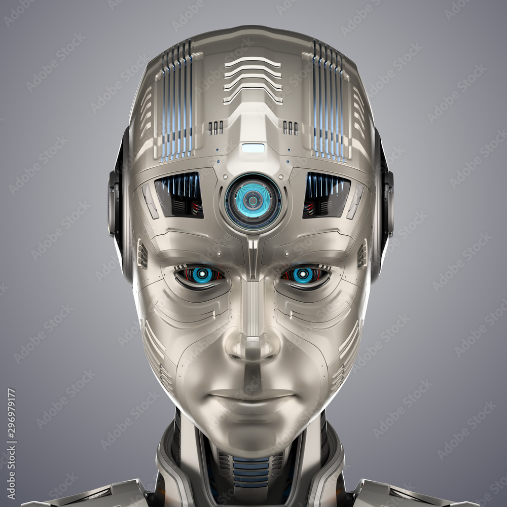 Very detailed robot face or humanoid cyborg head with serious or angry ...
