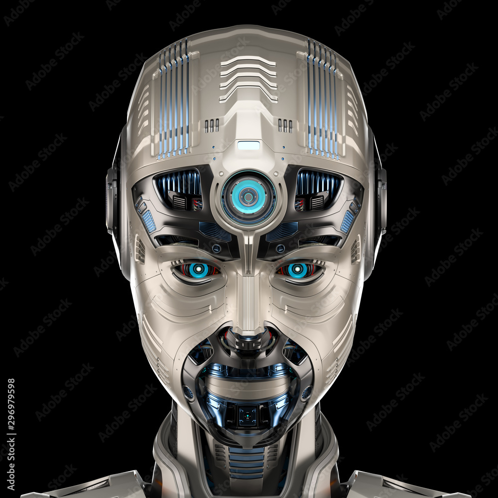 Illustration Stock Very detailed robot face or humanoid cyborg head ...