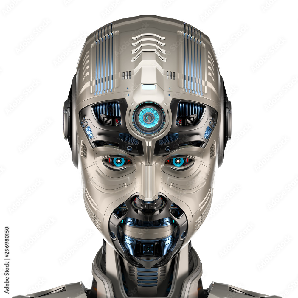 Very detailed robot face or humanoid cyborg head with serious or angry ...