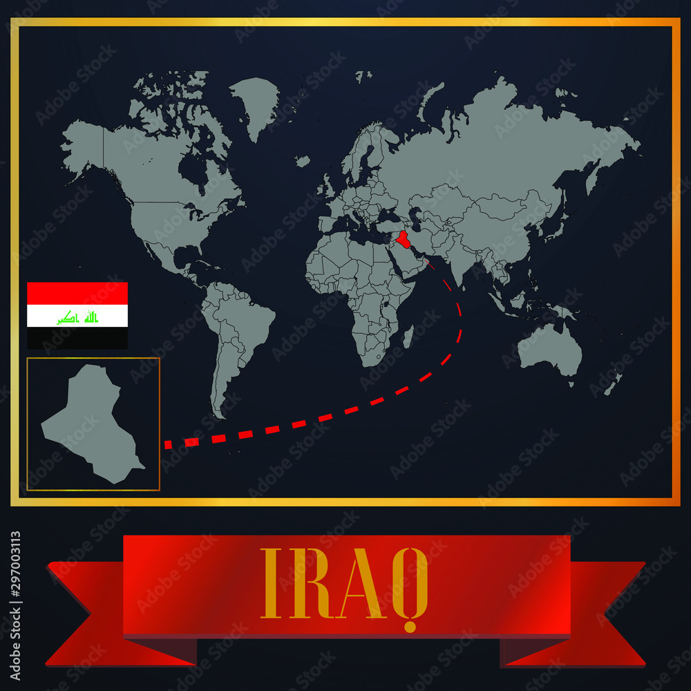 Iraq solid country outline silhouette, realistic globe world map ...