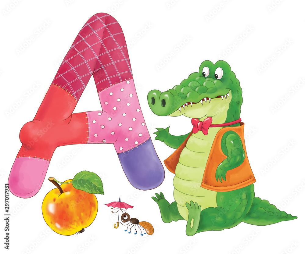 Capital letter A. Alligator, apple, ant. English alphabet. Letters with ...