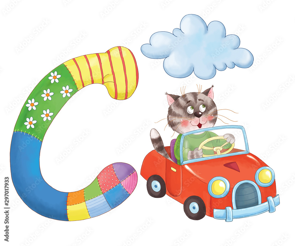 Capital letter C. Cat, car, cloud. English alphabet. Letters with ...