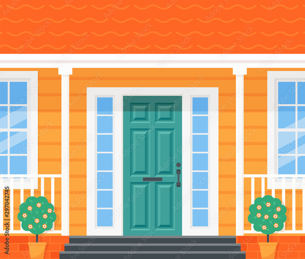 Front door house. Vector. Home porch with door, stairs, windows and ...