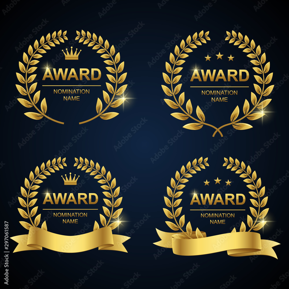 เวกเตอร์ Stock Golden award laurel wreath set. Winner label, leaf ...