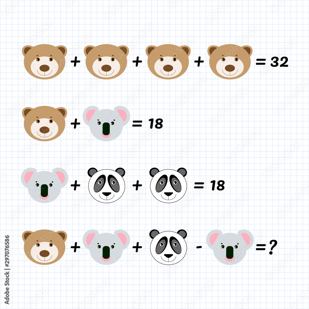 Mathematical Addition Subtraction Puzzle with Bear Panda, Koala. Math ...