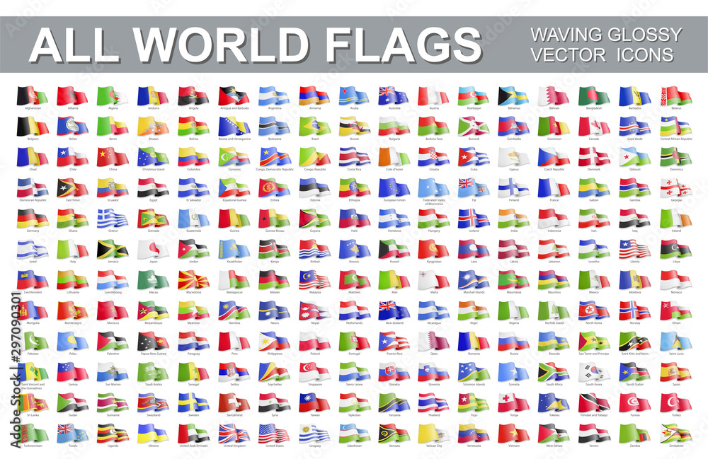 All world flags - vector set of waving icons. Flags of all countries and continents Stock Vector ...