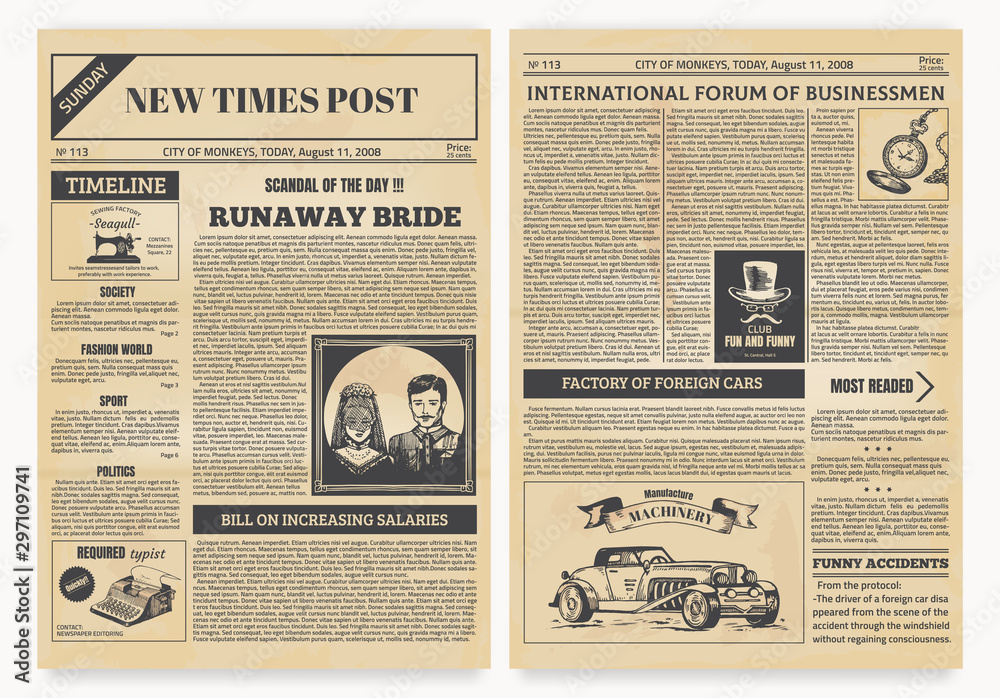 Vintage newspaper. Retro articles and old pictures with retro ...