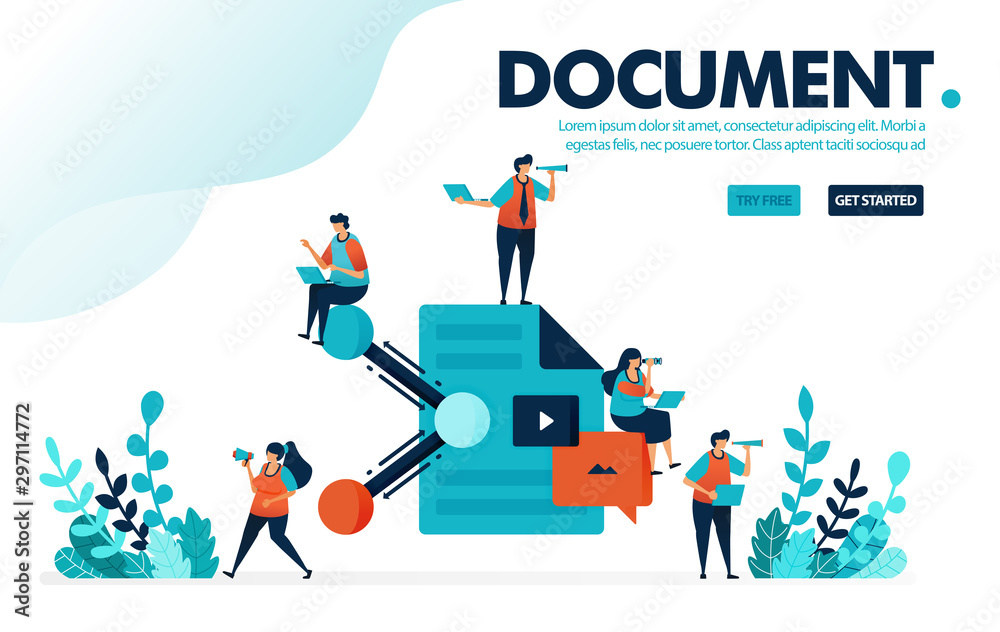 Vector illustration concept of document sharing. People share work ...