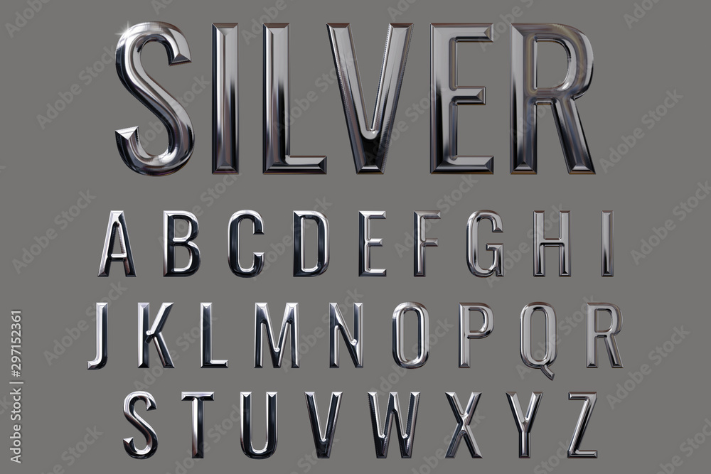 Alphabet letter set with glossy metal texture (chrome, steel, silver ...
